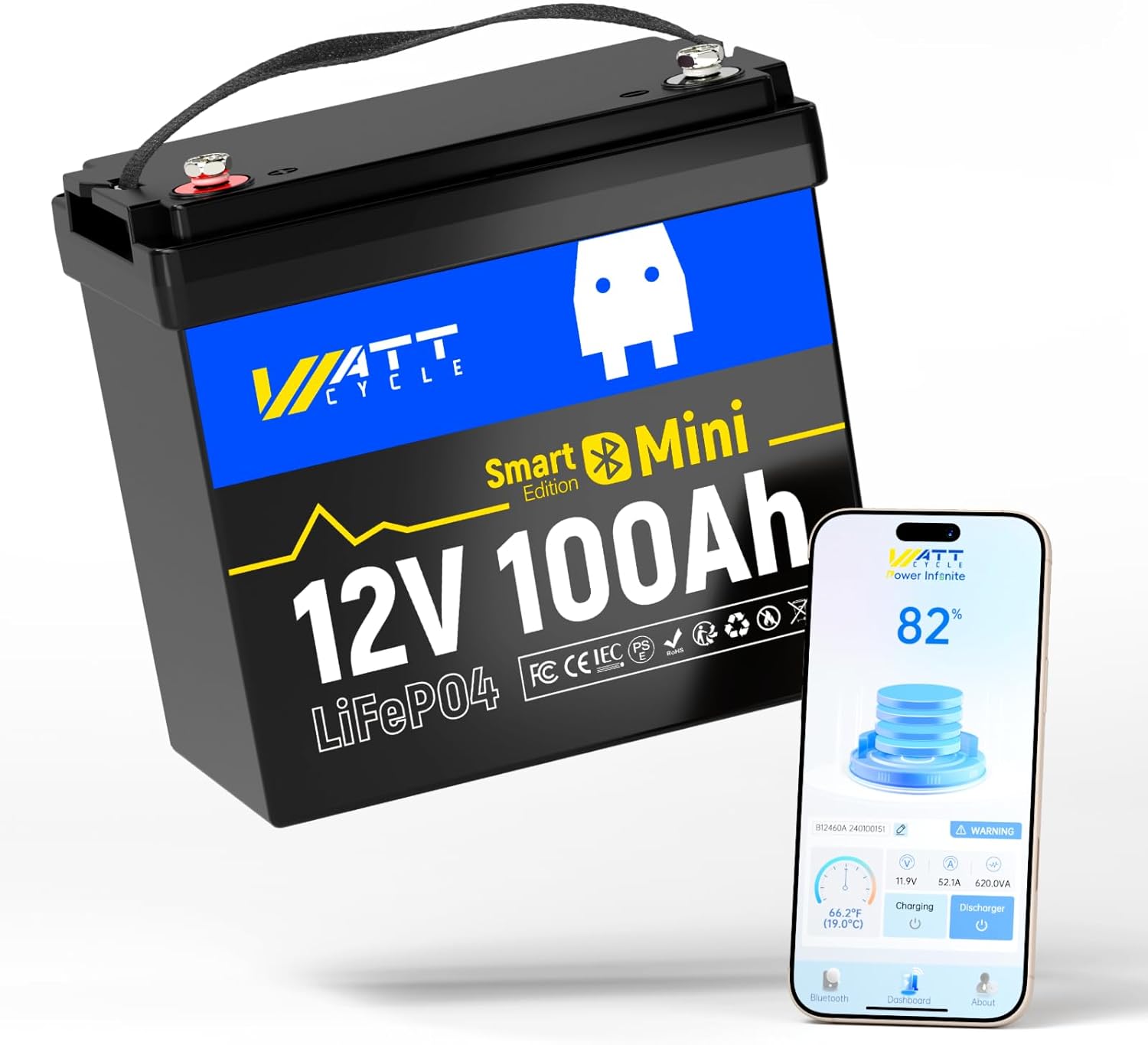 Wattcycle 12V 100Ah LiFePO4 Lithium Battery with Bluetooth - Solar ...