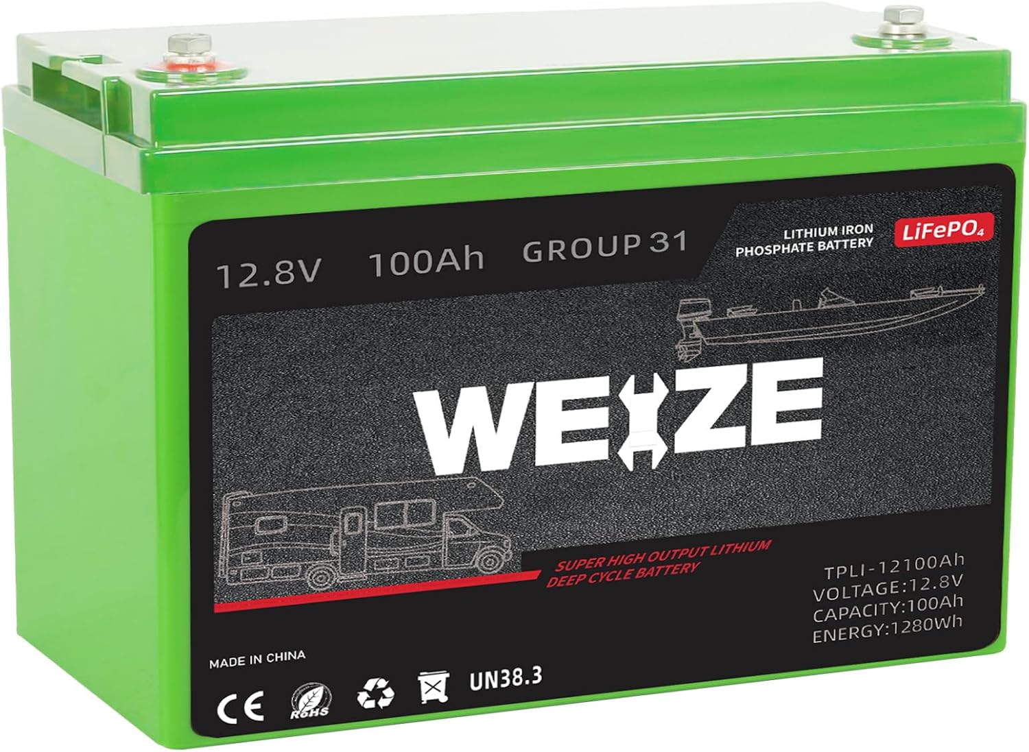 WEIZE 12V 100Ah BCI Group 31 Lithium Battery Built-in 100A BMS - Solar ...