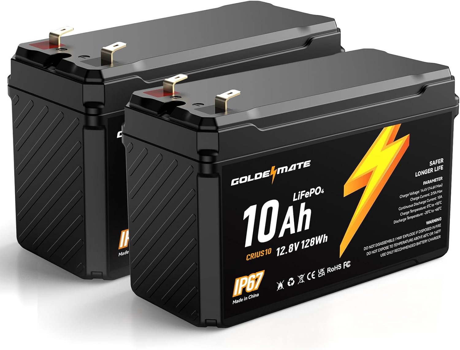 GOLDENMATE 12V 10Ah LiFePO4 Lithium Battery - 2 Packs, 5000+ Deep ...